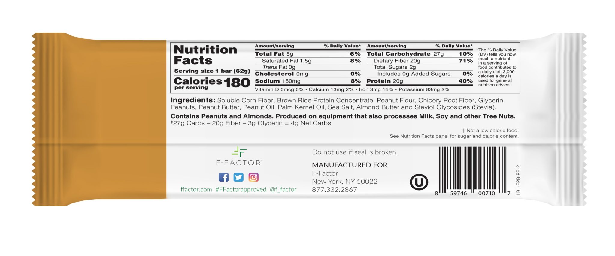 F-Factor Peanut Butter Fiber/Protein Bar (box of 12) - F-Factor